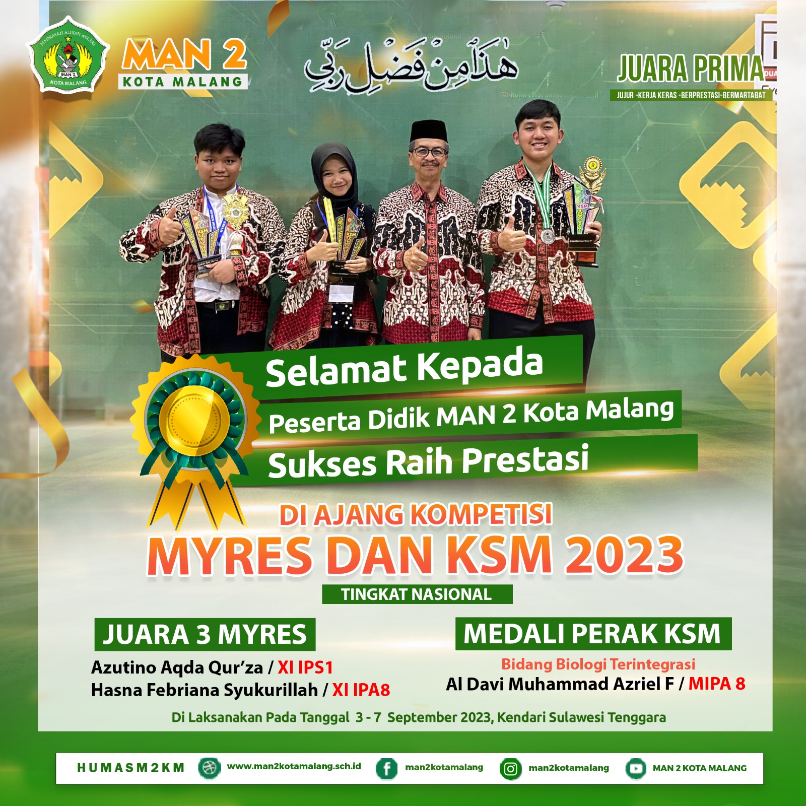 Hebat, Tim MAN 2 Kota Malang Berprestasi di KSM dan MYRES 2023 – MAN 2 Kota Malang ( JUARA PRIMA )